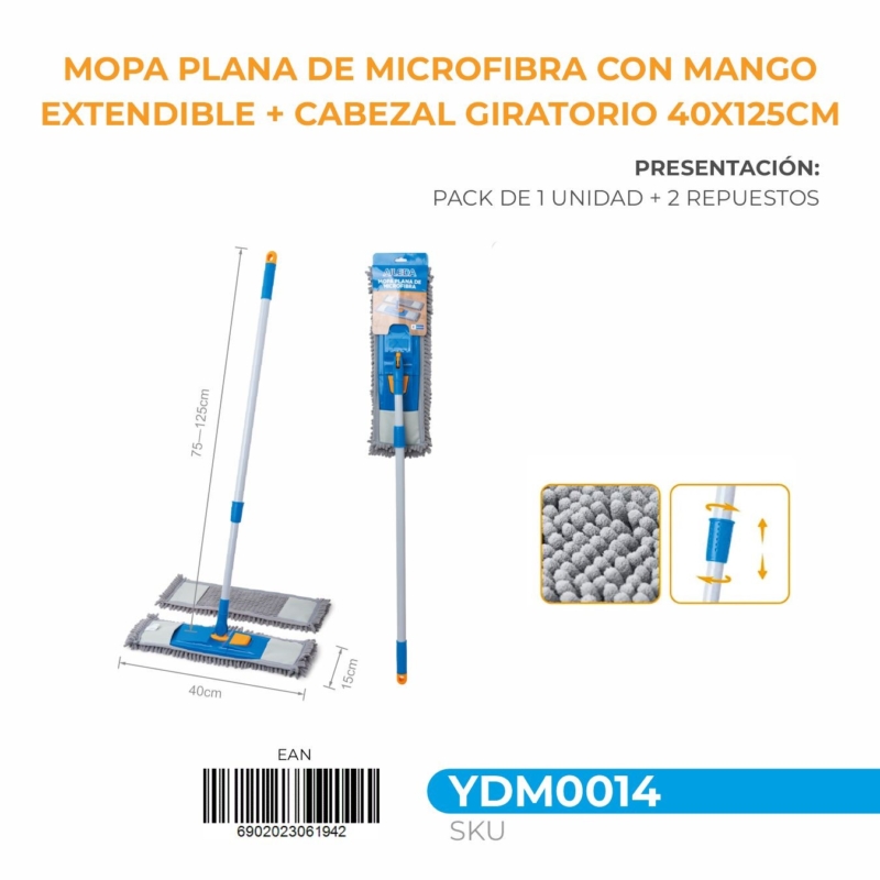 MOPA PLANA DE MICROFIBRA CON MANGO EXTENDIBLE + CABEZAL GIRATORIO ...